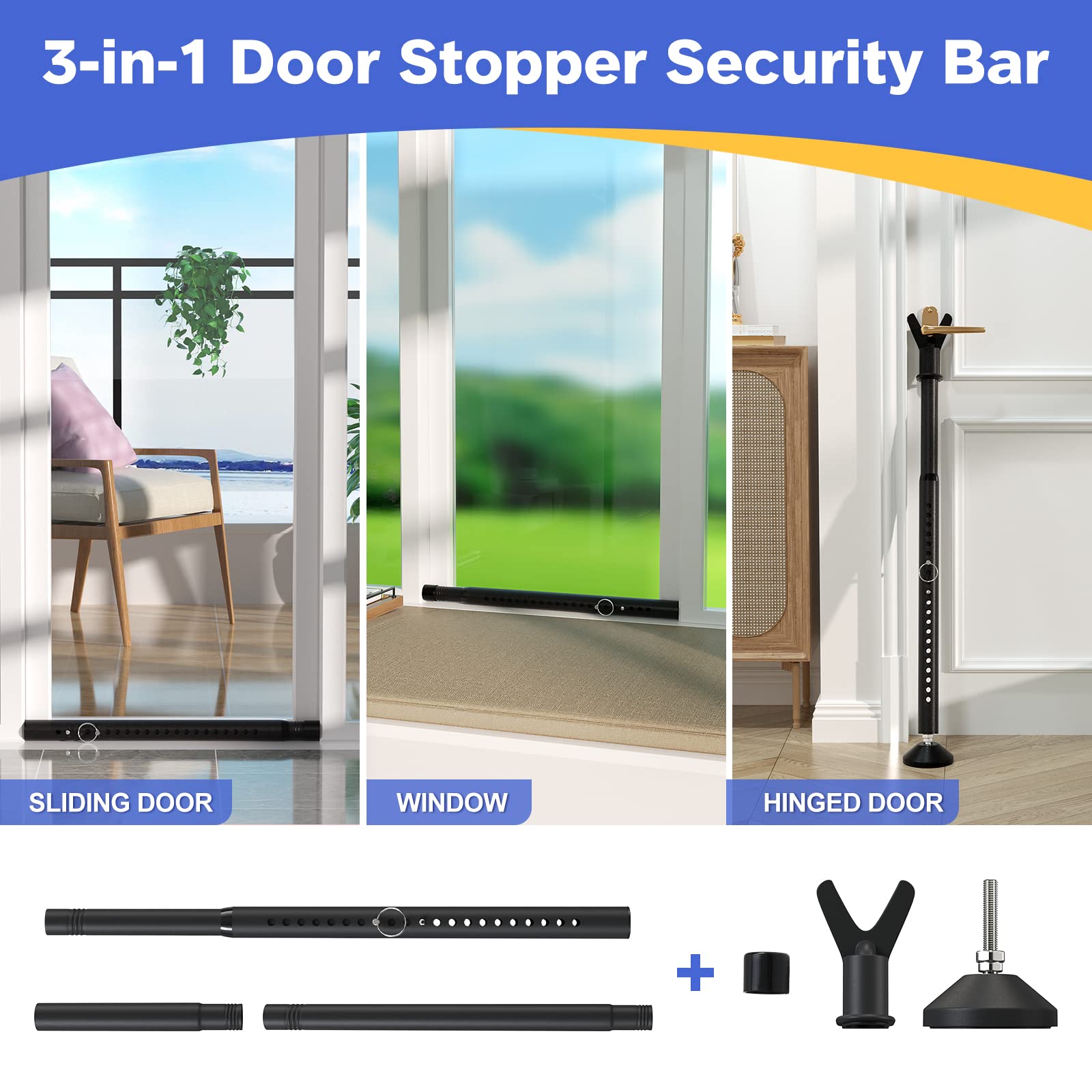 CALCHELE Door Security Bar & Sliding Patio Door Security Bar, Window Security Bar Door Stoppers Heavy Duty Security Door Jammer Bar, Adjustable Security Bar for Front Door, Apartment, Hotel Room Black