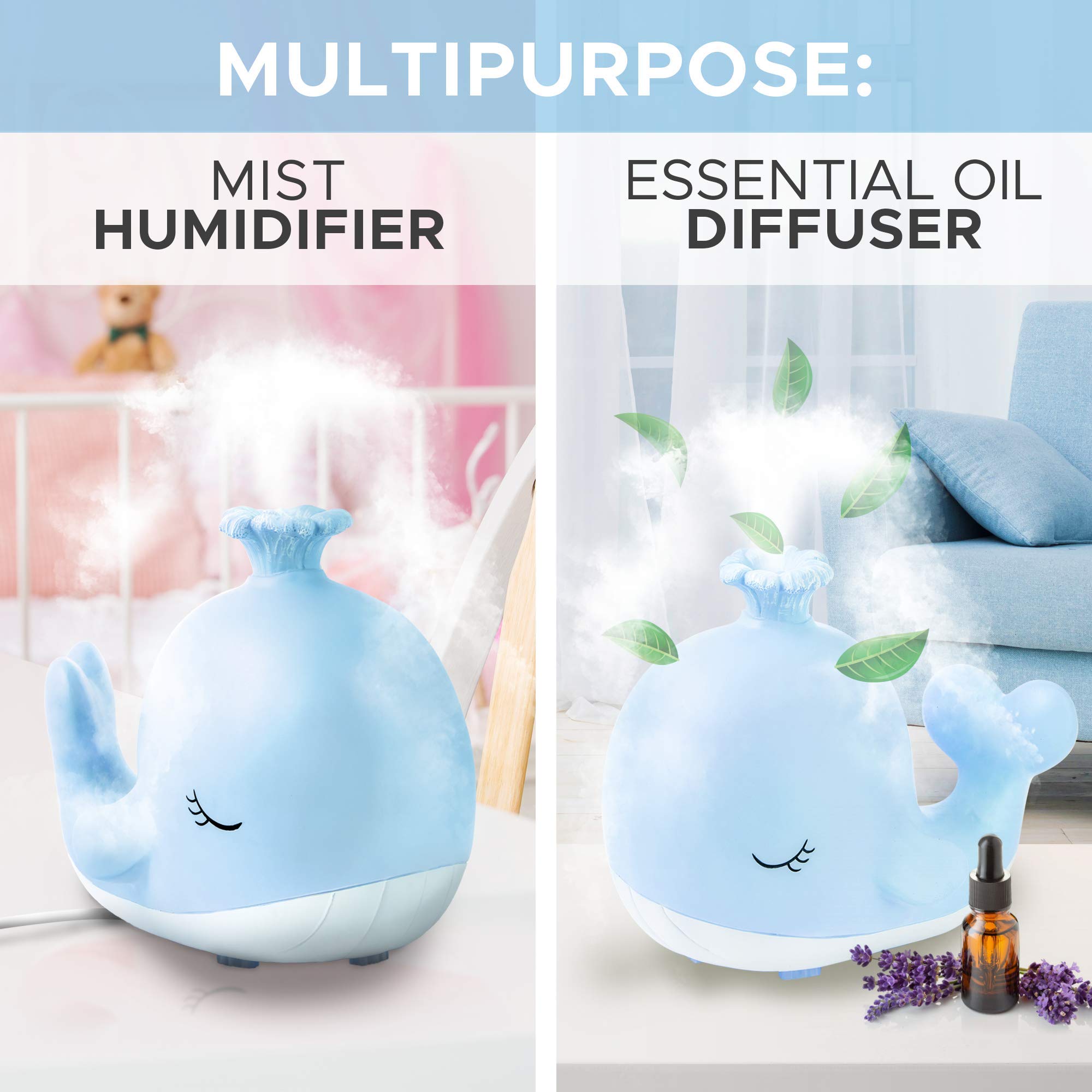 Cute Whale Essential Oil Diffuser Humidifiers for Bedroom Kids - Cool Mist Humidifiers Nursery by Roccababy - Blue