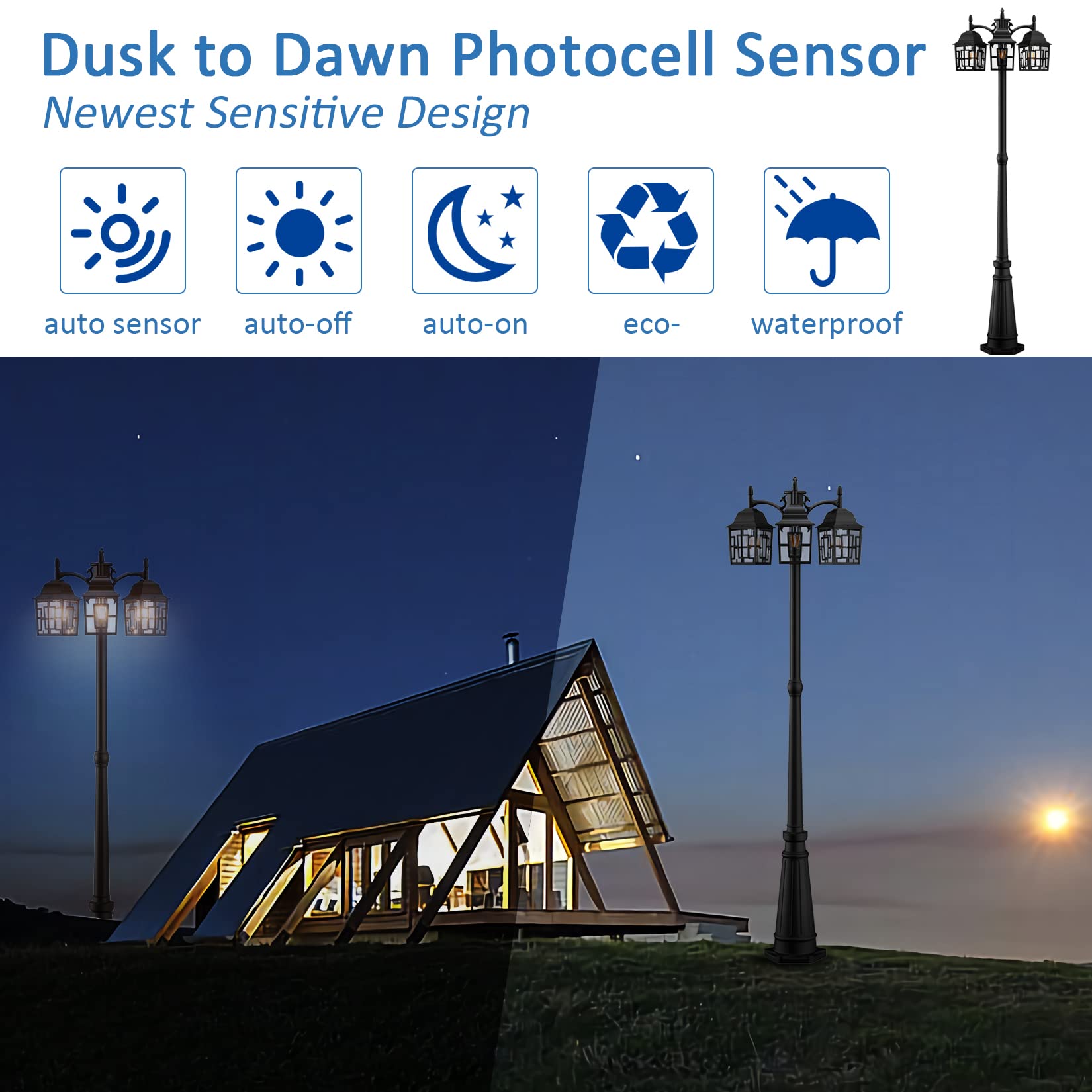 Ralbay Dusk to Dawn Sensor Outdoor Post Light, 3 Light lamp Post Street Light, Matte Black Outdoor Post Lighting Waterproof Pole Lights, 76.77" Outside Lamp Post Light for Backyard Garden