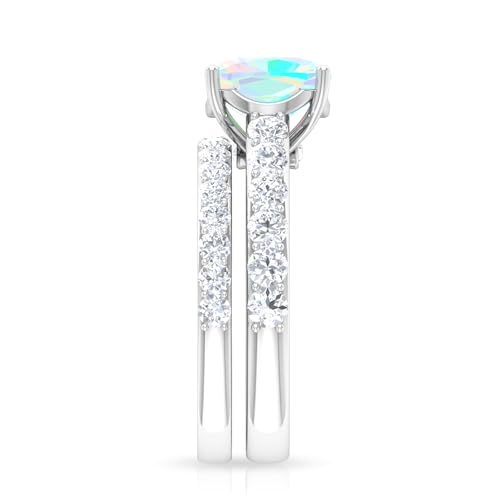 Certified Opal Wedding Ring Set, AAA Quality, Natural 8mm Cushion Cut Opal Engagement Ring with Moissanite Enhancer, 14K White Gold, Size:US 10.00