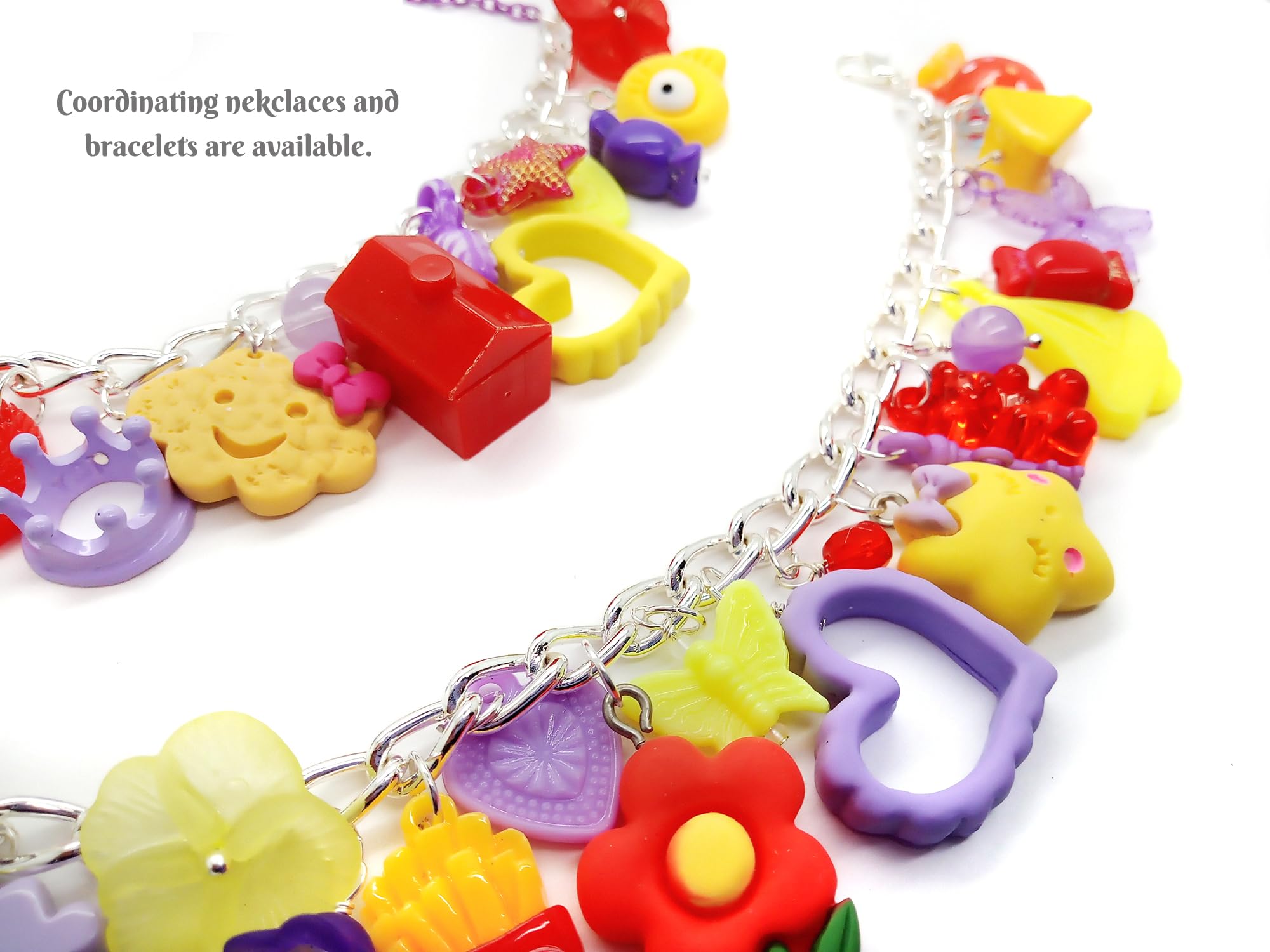 Chunky Charm Bracelet in Red Yellow & Purple, Kawaii Cha Cha Bracelet with Cute Candy Ice Cream Flower and Heart Charms, Adjustable