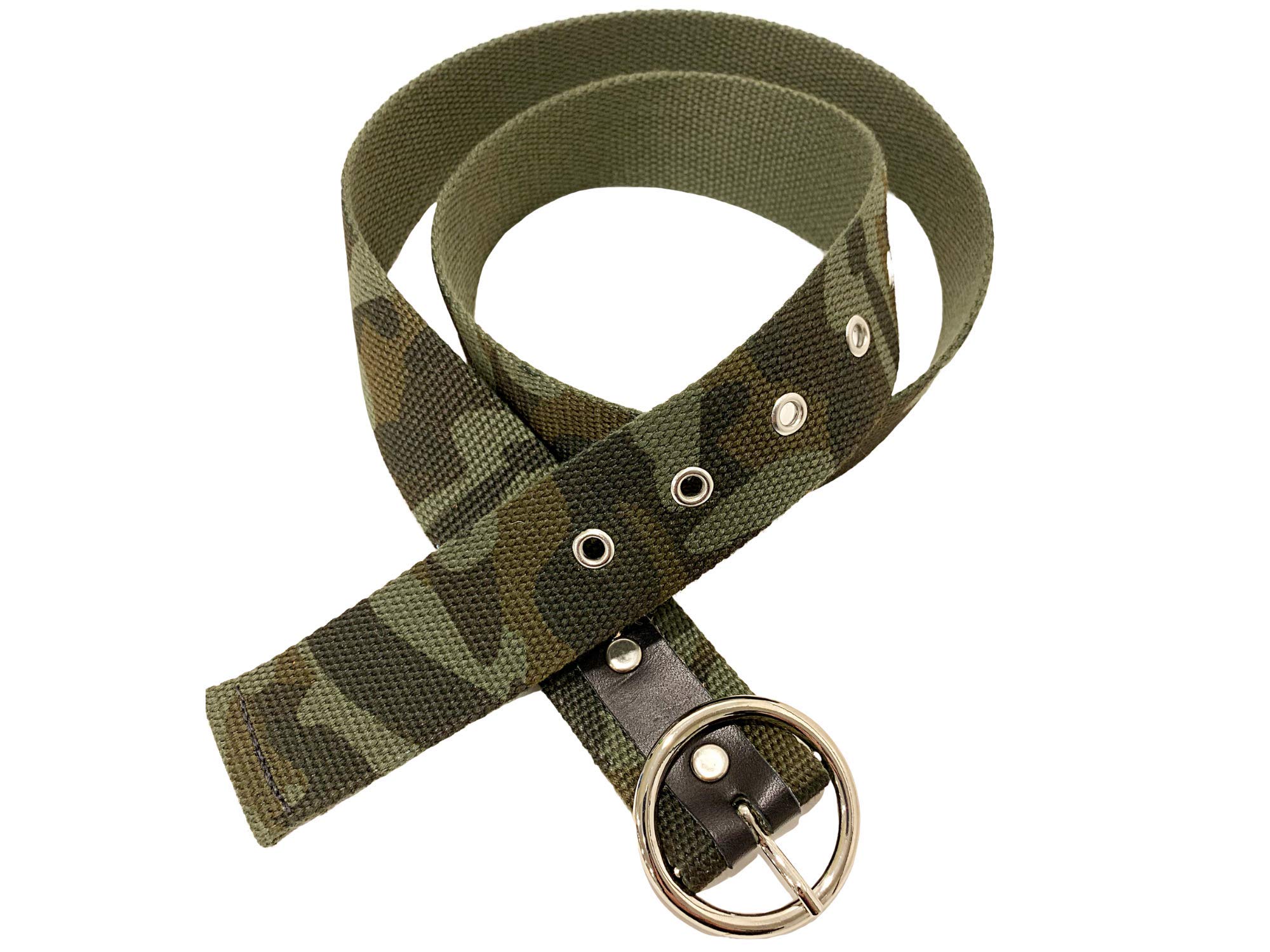 Camoflauge Web Belt | Green Camo or Blue and Navy Camo | Cotton Webbing Belt for Women | Canvas Belt with Silver Circle Buckle