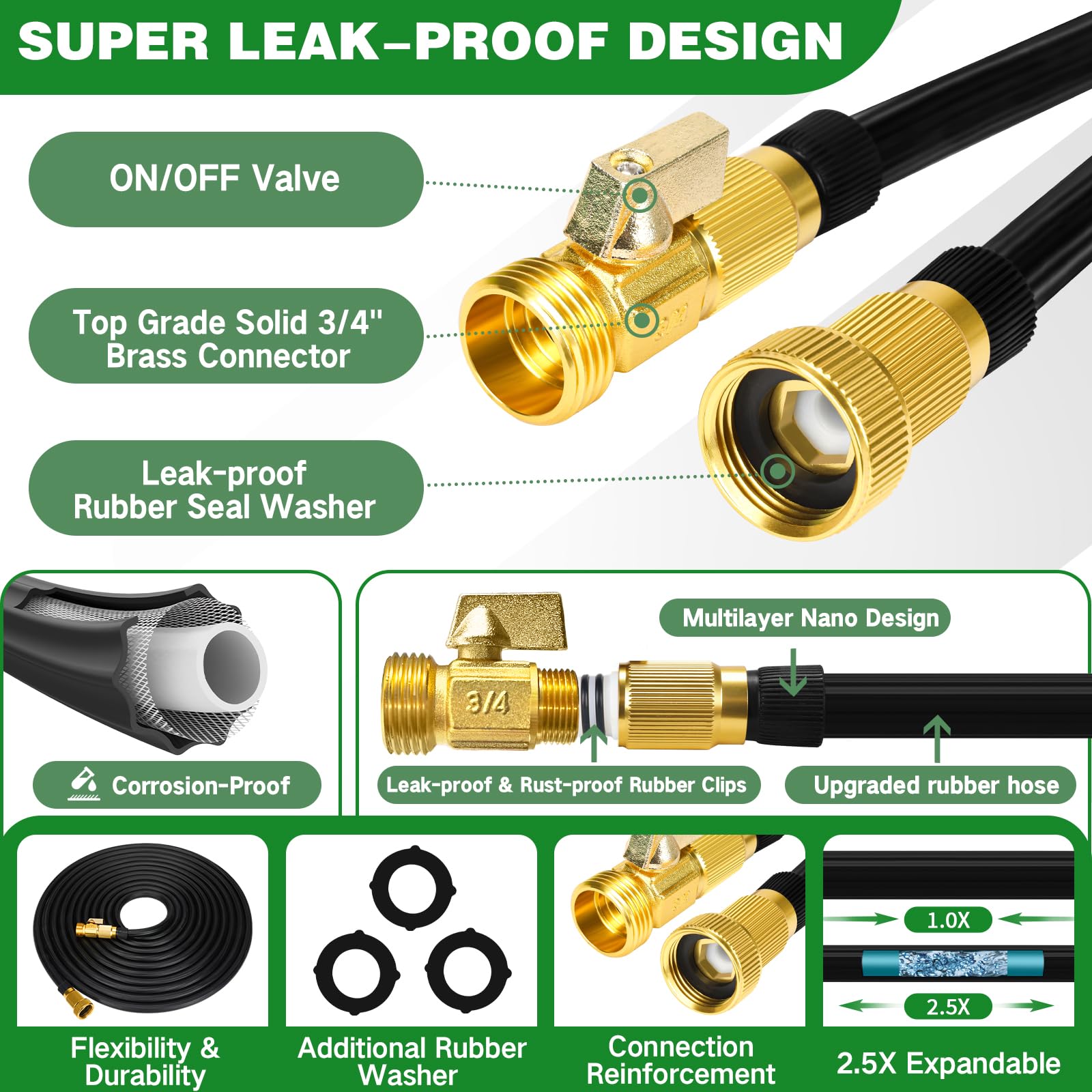 Expandable Garden Hose 100ft Durable Flexible 50 Layers Nano Rubber Lightweight No-Kink Water Pipe 10 Functions Spray Nozzle Water Hose 3/4'' Solid Brass Fittings Easy Storage for Outdoor Yard Black