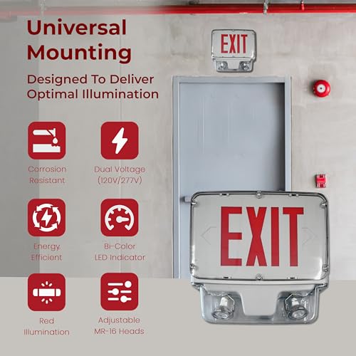 Hazardous Location Class 1 Div 2 Emergency Hard Wired Exit Sign with Lights - Voltage 120V/277V High-Performance LED, IP66 & NEMA4X Rated, Red Illumination, Adjustable MR-16 Heads