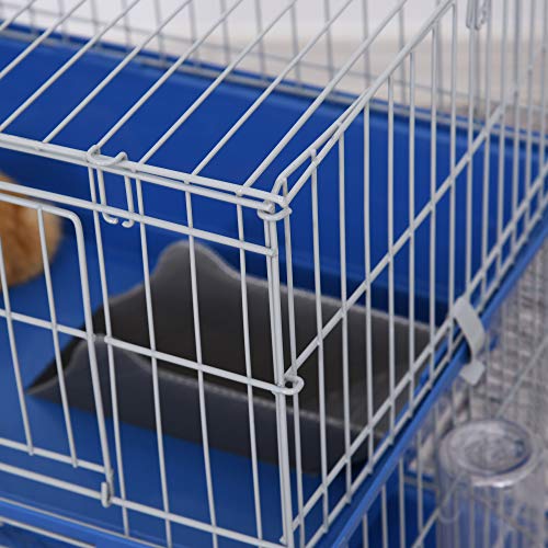 PawHut 2-Tier Guinea Pig Cage, Ferret Cage, Chinchilla Cage, Small Animal Cage Indoor with Dish and Bottle, 2 Doors, Deep Bottoms, Ramp, 28", Blue