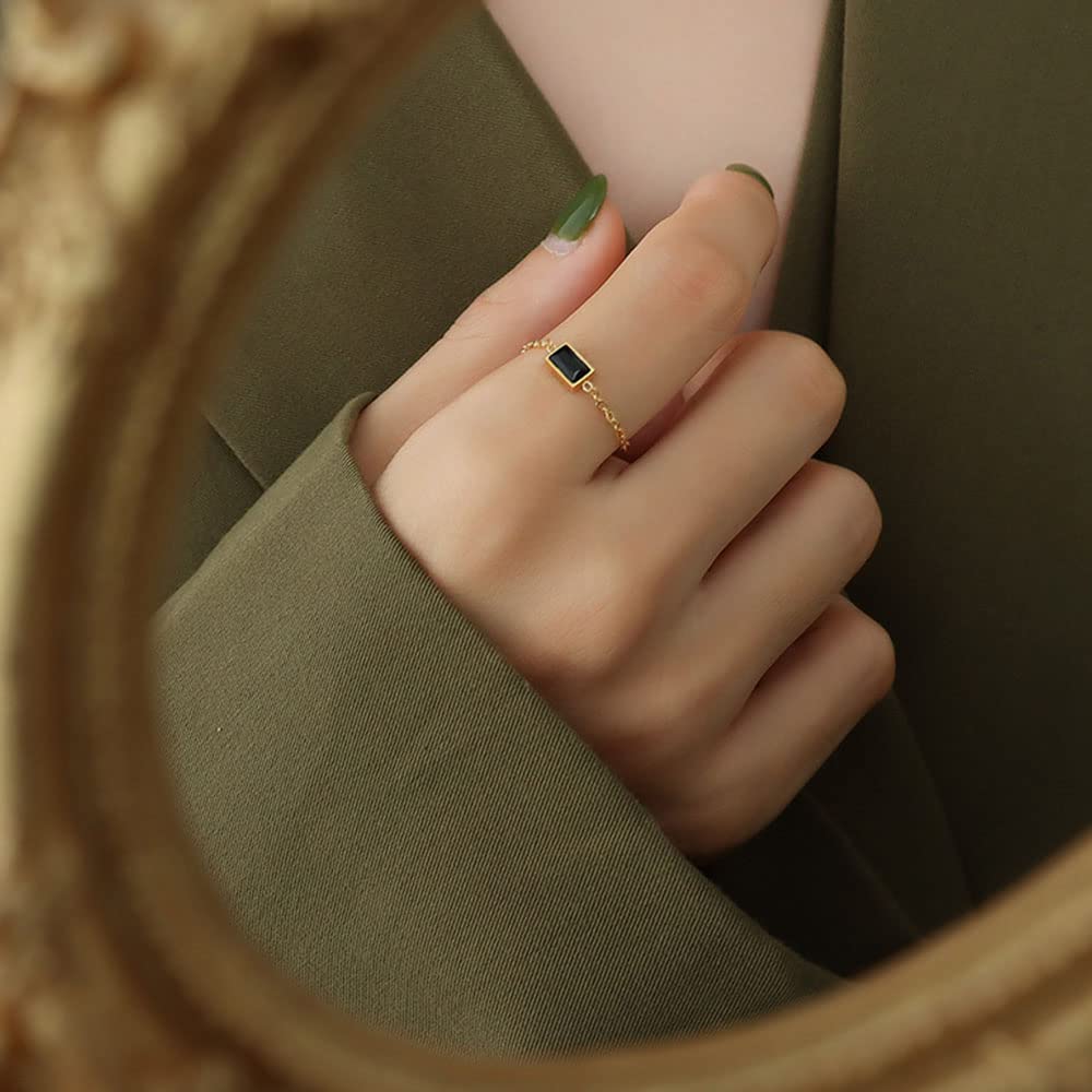 Chain Ring for Fingers 18k Gold Plated Titanium Steel Dainty Simple Delicate Thin Stack Adjustable Ring with Zircon, 2 Pack (Black & Green, Adjustable)