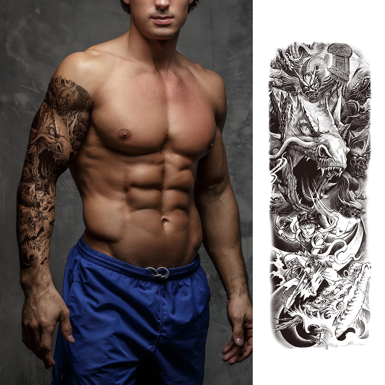 CUTELIILI Full arm temporary tattoo for Men,12sheets (L19“xW7”) Sleeve Tattoos temporary, Fake Tattoos That Look Real and Last long,Tiger Dragon Koi Evil Eyes