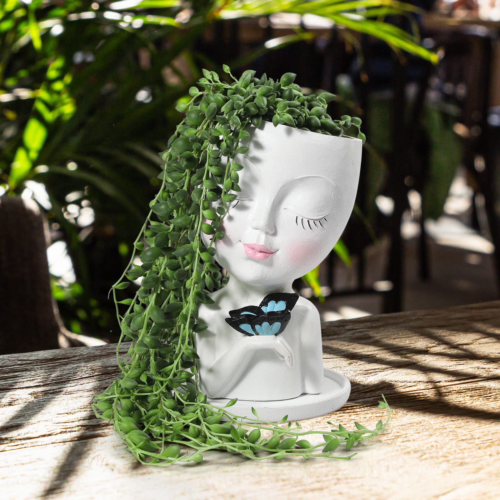 COWATM Face Planters Pots Head for Indoor Outdoor Planter Pot with Butterfly, Succulent Planter with Drainage Hole Cute Lady Face Flower Pots (White)