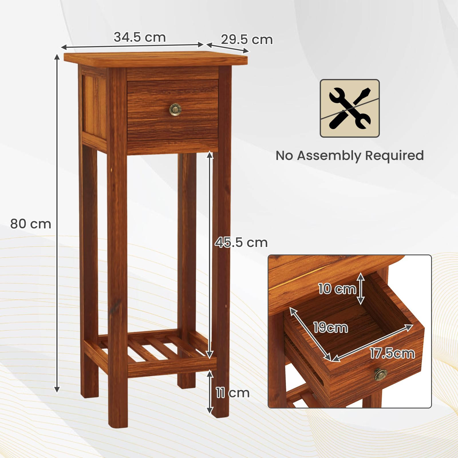 Giantex Narrow End Table with Drawer, Tall Acacia Wood Side Table with Bottom Shelf, Modern Bedside Tables, 2-Tier Nightstand for Small Spaces Bedroom Living Room, No Assemble Required, Brown