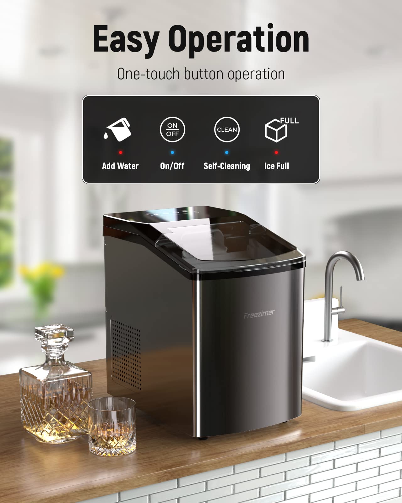 Freezimer Nugget Ice Maker Machine Countertop Sonic Ice | Pebble Ice Maker Chewable Soft Ice | Self Cleaning Pellet Ice Makers | 40lbs/24h
