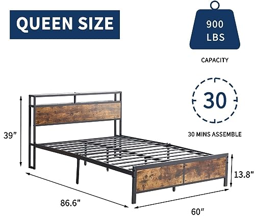 Gustonhon Industrial Queen Bed Frame with Headboard,Metal Bed Frame Queen Size with Storage Under-Bed,Mattress Foundation with LED Lights and Charging Station,2-Tier Storage Shelf (Queen)