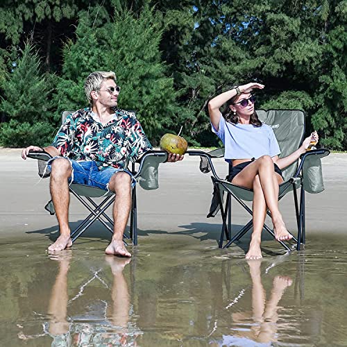 KingCamp Oversized Folding Camping Chair for Adults Portable Outdoor Lawn Heavy Duty with Cooler, Cup Holder, Side Pocket,Carry Bag, 2 Pack, Grey