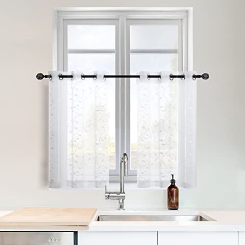 CUTEWIND White Sheer Tier Curtains 24 Inches Long for Kitchen/Bathroom Short Tier Curtains Leaves Embroidery Grommet Top Small Half Window Treatment (2 Panels, White, W30×L24 Inches)