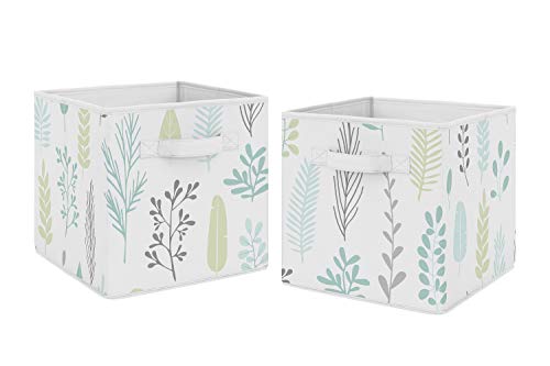 Sweet Jojo Designs Blue Tropical Leaf Foldable Fabric Storage Cube Bins Boxes Organizer Toys Kids Baby Childrens - Set of 2 - for The Turquoise Grey Green Botanical Rainforest Jungle Sloth Collection