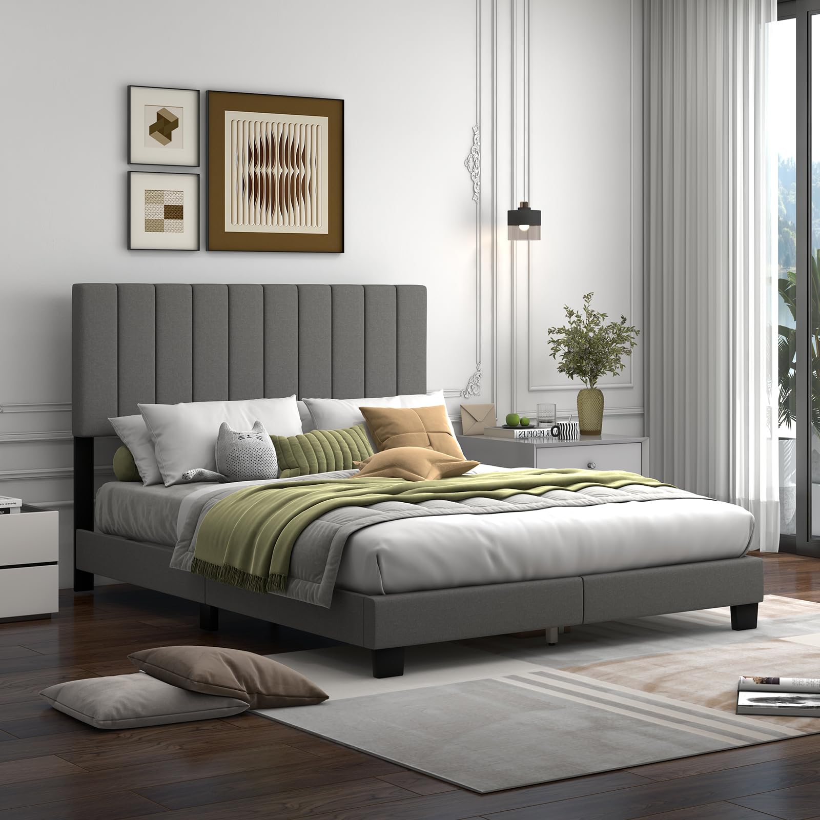 Giantex Queen Size Platform Bed Frame, Box Spring Needed, Modern Upholstered Mattress Foundation with Linen Fabric Headboard, Solid Wood Legs, No Slatted Bed Frame for Adjustable Bed Base, Gray