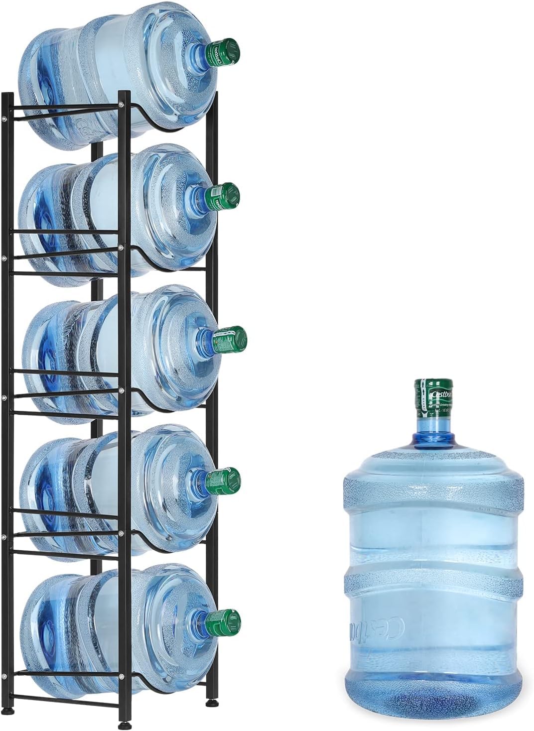 HEOMU 5 Gallon Water Jug Rack, 5-Tier Water Bottle Holder Storage Rack, Water Jug Organizer for Kitchen, Office, Garage, Black