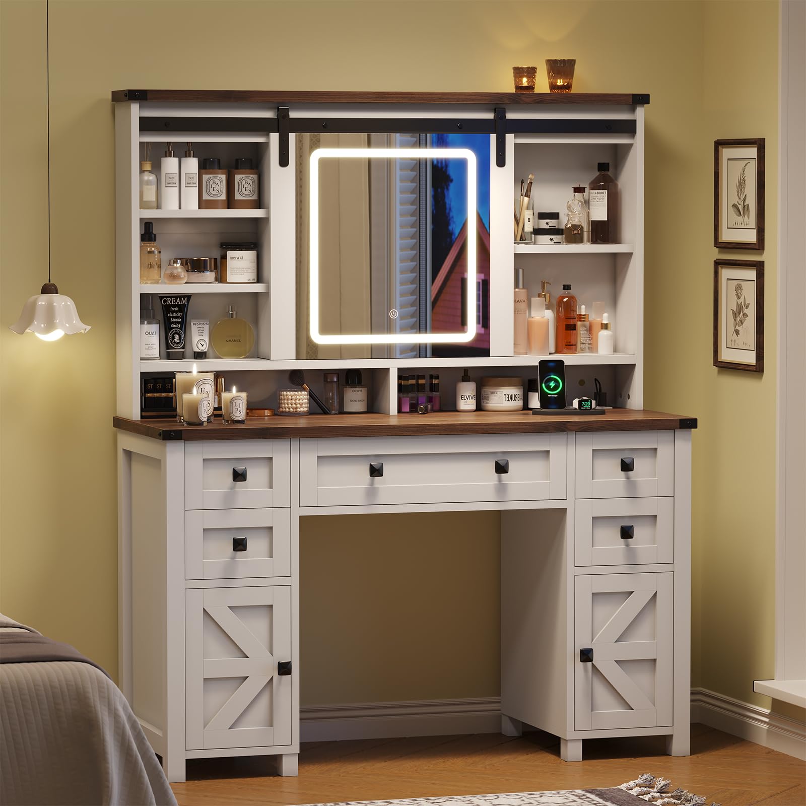 DICTAC Farmhouse Makeup Vanity Desk with Sliding Mirror and Lights Vanity Table with Charging Station,5 Drawers and 2 Cabinets Rustic Vanity Set for Bedroom with Hidden & Open Shelves,White+Walnut