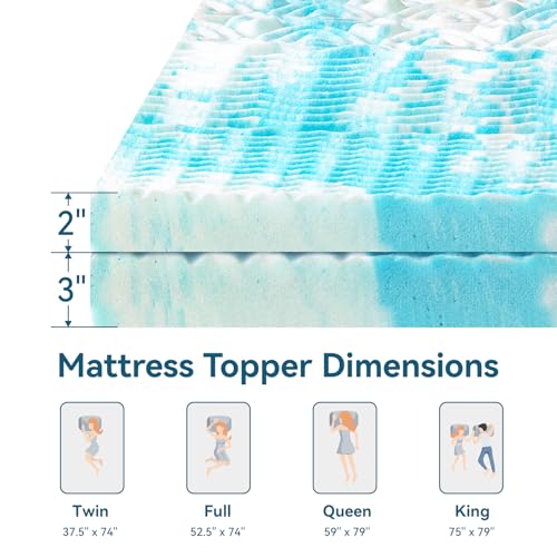 Hcore 2 Inch Mattress Topper Queen, 5-Zone Memory Foam Mattress Topper, Cooling Gel Mattress Topper, Topper Queen for Pressure Relieve, Blue