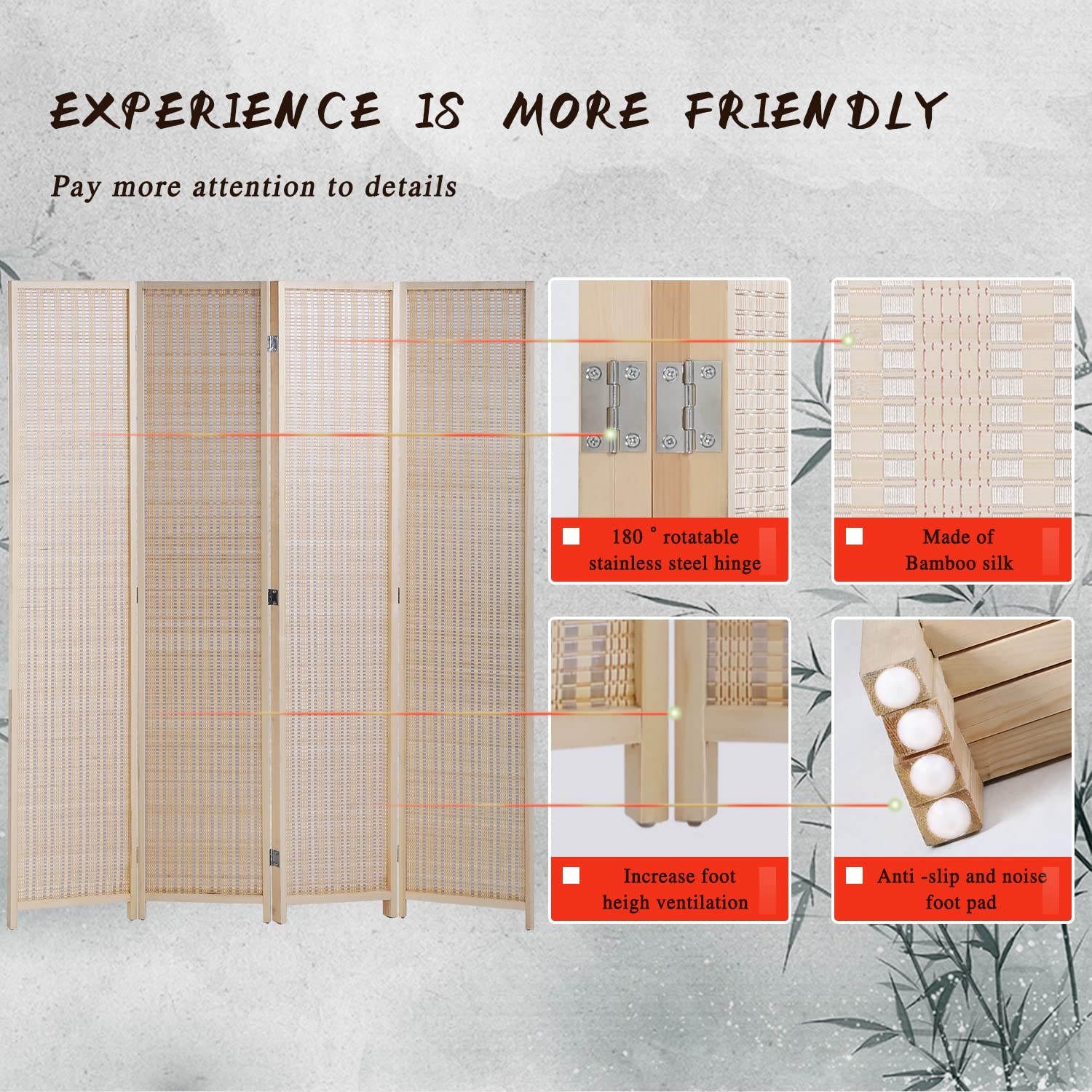 Room Divider Folding Privacy Screens 6 Ft 4 Panel Bamboo Portable Divider Wall Freestanding Partition Room Divider Screen for Room Separator Home Office,Natural