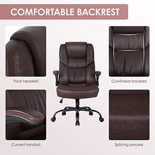 Ergonomic Office Chair PU Leather Desk Chair High Back Computer Chair with Lumbar Support Flip up Armrest Rolling Swivel Adjustable Task Chair for Adults(Brown)