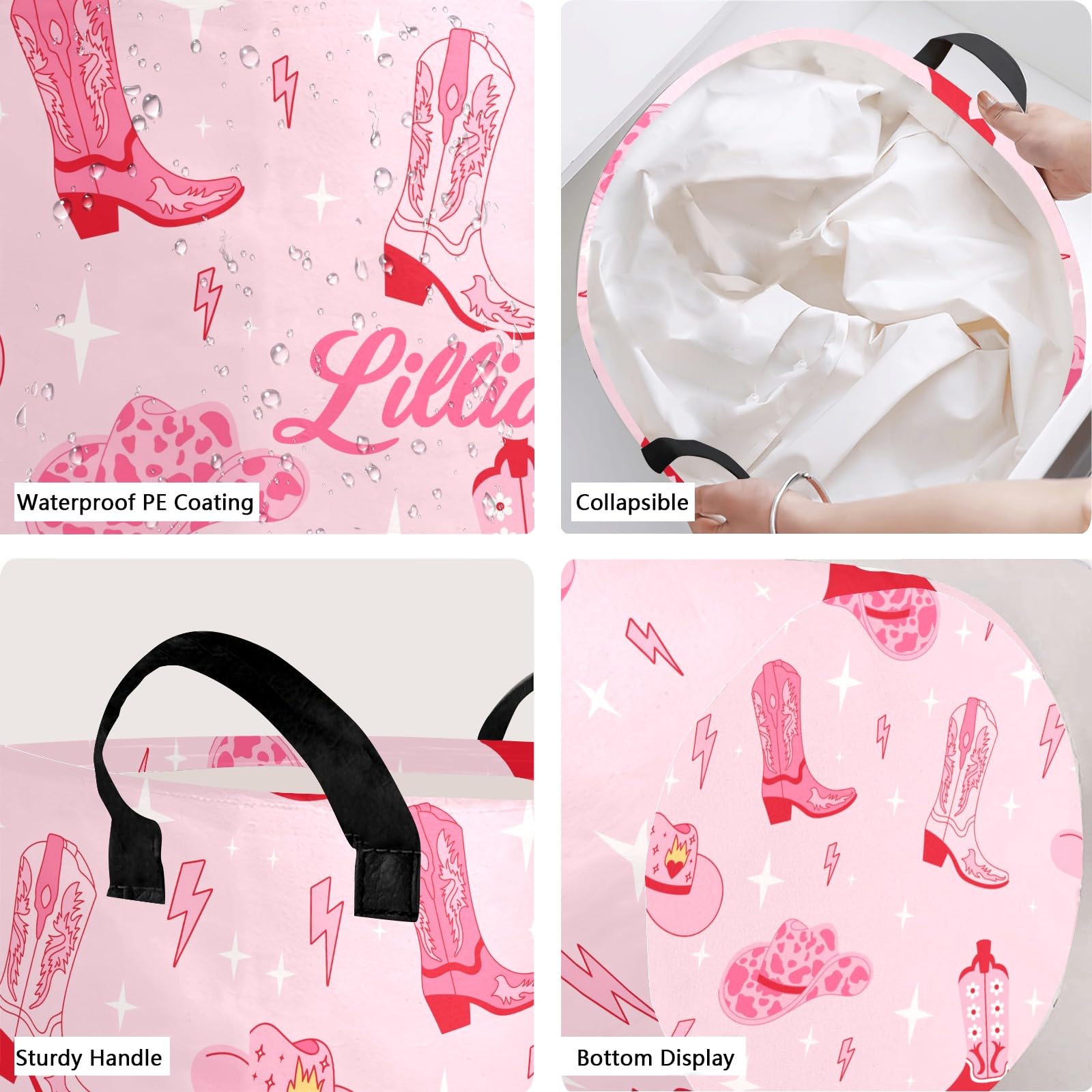 Cowgirl Boot Pink Personalized Laundry Basket Hamper,Collapsible Storage Baskets with Handles for Kids Room,Clothes, Nursery Decor
