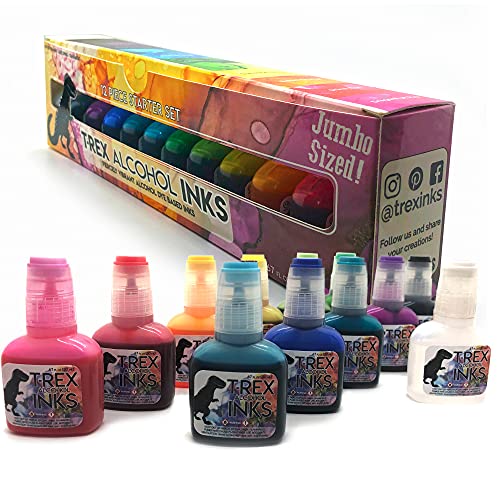 T-Rex Inks Premium Alcohol Inks Starter Set- 12 Vibrant XL Colors - Alcohol Ink for Epoxy Resin Dye, Painting, Tumbler Making & More - Storage Box & Alcohol Ink Blending Solution - 20ml Bottles