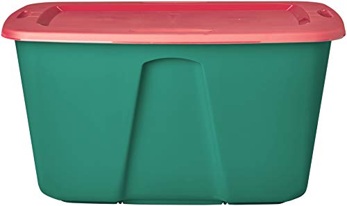 Homz Holiday Plastic Storage Tote Box, 32 Gallon, Greed With Red Lid, Stackable