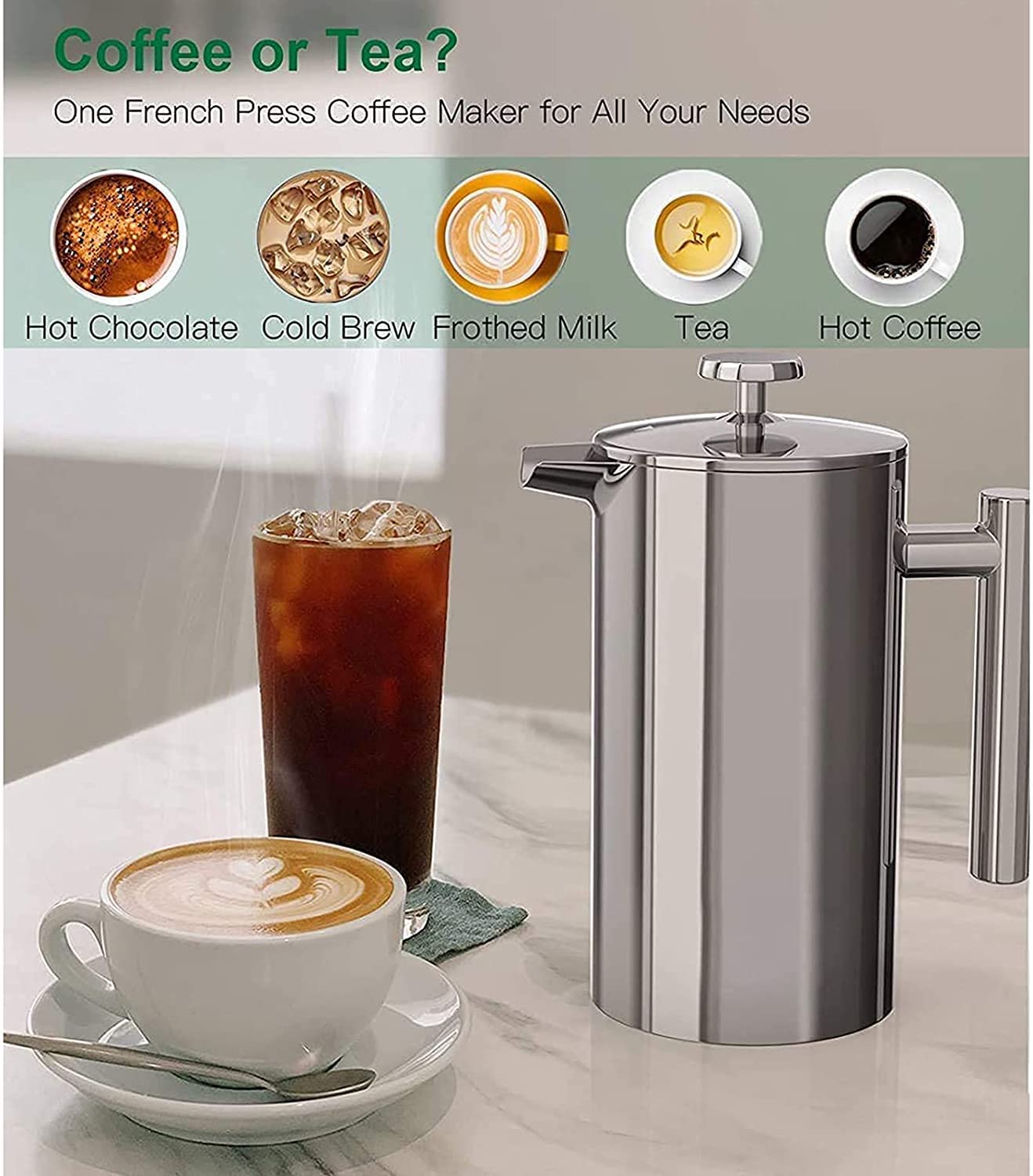 French Press Coffee Maker,Espresso And Tea Maker with Triple Filters,Stainless Steel 304 with Double-Wall Insulated Coffee Presser And Tea Pot