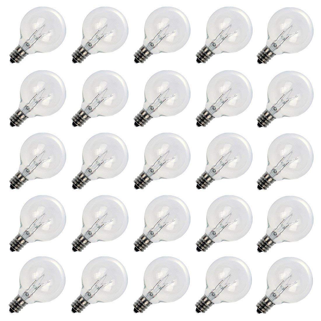 Brightown G40 Clear Light Bulbs Outdoor Light Bulbs Globe E12 Candelabra Screw Base, Incandescent Round Warm Replacement Glass Bulbs for Patio String Lights, 5W 120V, Pack of 25