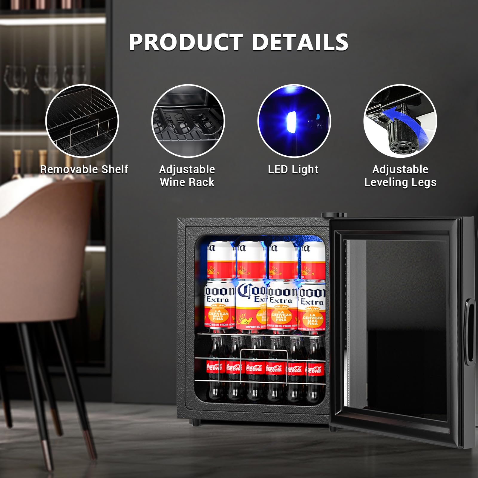 JANREAY Beverage Cooler Refrigerator 1.76 Cu.Ft. 48 Can Capacity with Adjustable Temperature Control and LED Lighting, Stainless Steel for Bedroom, Office, Dorm, Apartment Black