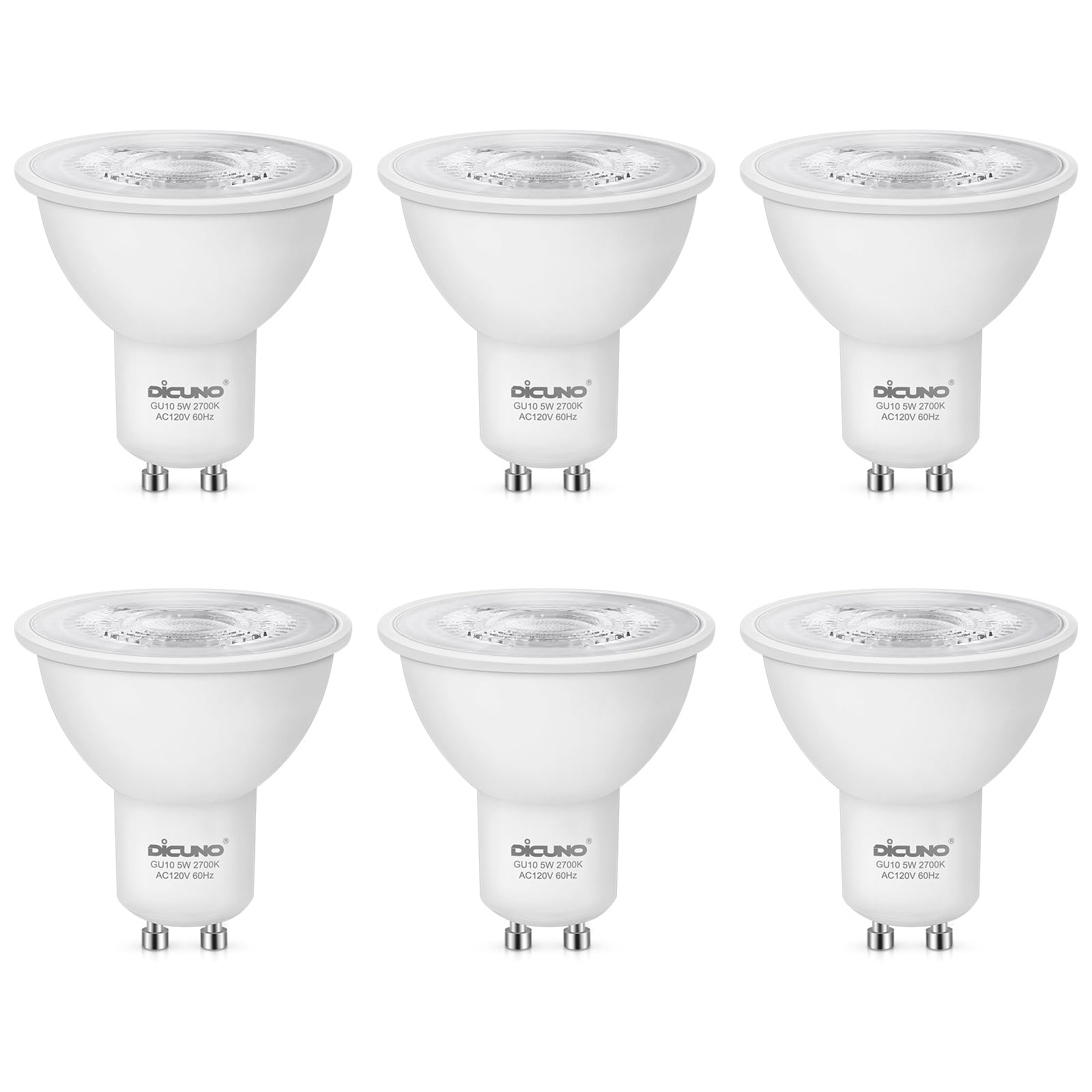 DiCUNO GU10 LED Bulb, 40W Equivalent, Warm White 2700K, 450LM, MR16 GU10 LED for Spotlight, Track Lighting, 5W LED Light Bulb with 38° Beam for Kitchen, Range Hood, Living Room, Pack of 6