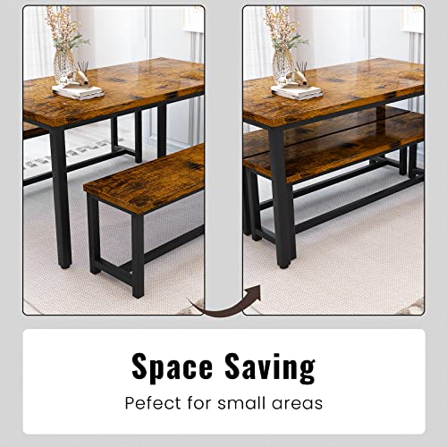 Recaceik 47" Dining Room Table Set with 2 Benches, Kitchen Dining Table Set for 4 Persons, Space Saving Kitchen Table and Chair Set for Dining Room, Small Space, Breakfast Nook(Brown)