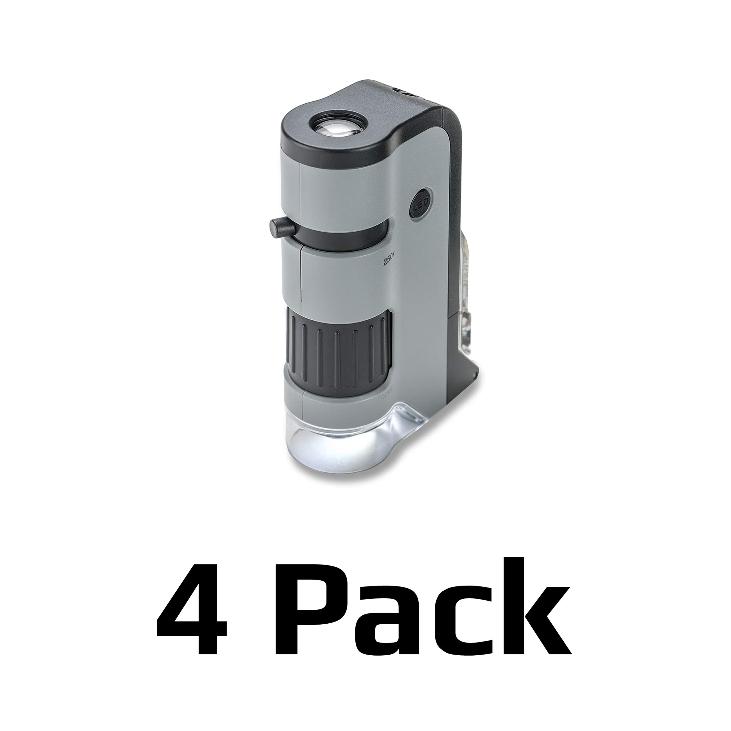 Carson MicroFlip 100x-250x LED and UV Lighted Pocket Microscope with Flip Down Slide Base and Adapter with CarsonCam Phone App - Set of 4 (MP-250MU)