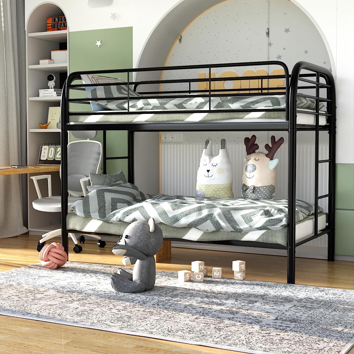 JAORD Twin-Over-Twin Bunk Beds, Full Over Twin Bunk Bed, Metal Twin Bunk Bed Frame, Full-Length Industrial Safety Rail Bunk Bed Frame with Ladder, Noiselessly, Assembly Required(Black)