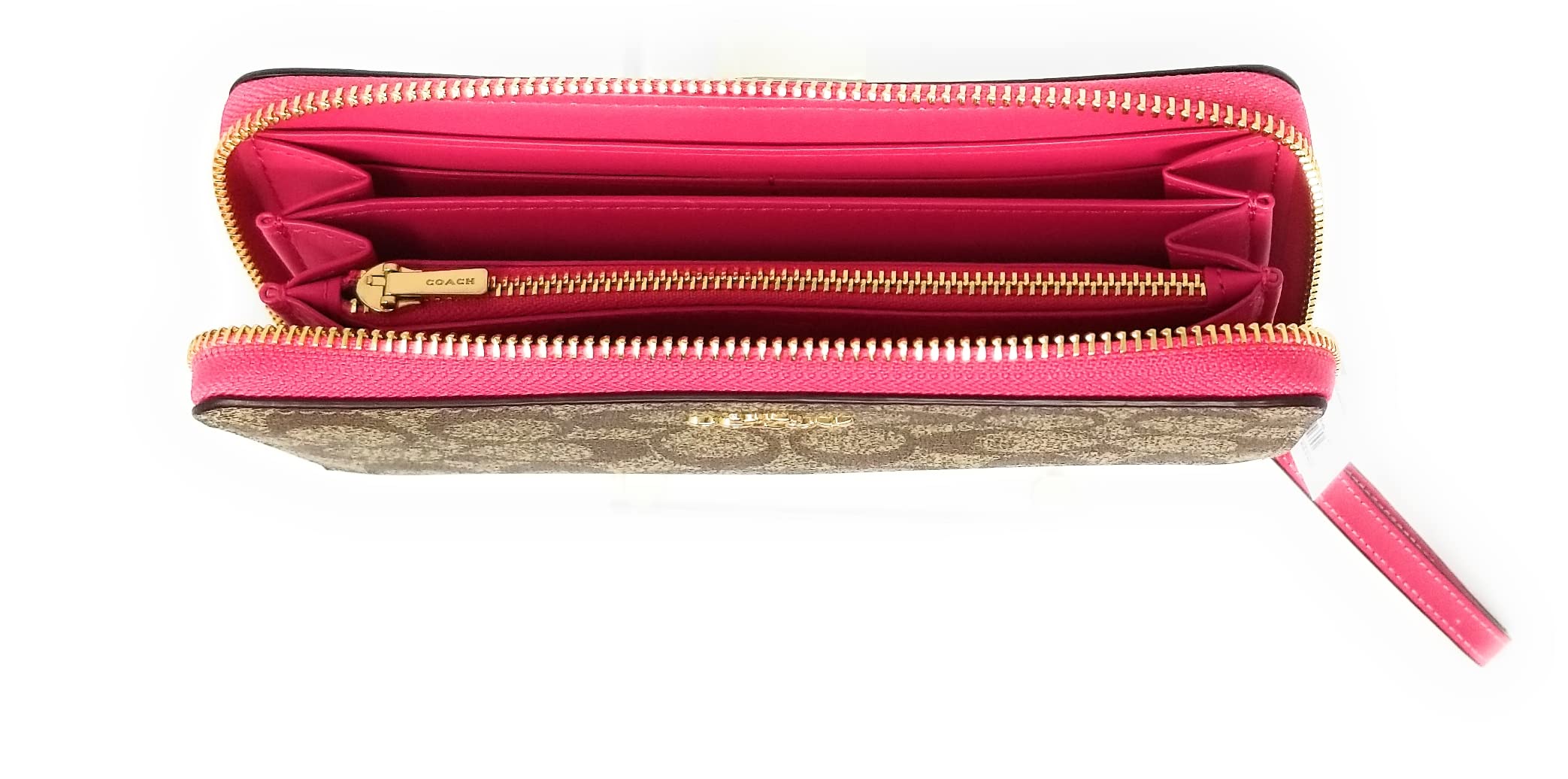 Coach Women's Long Zip Around Wallet In Signature Canvas (Khaki - Bold Pink)