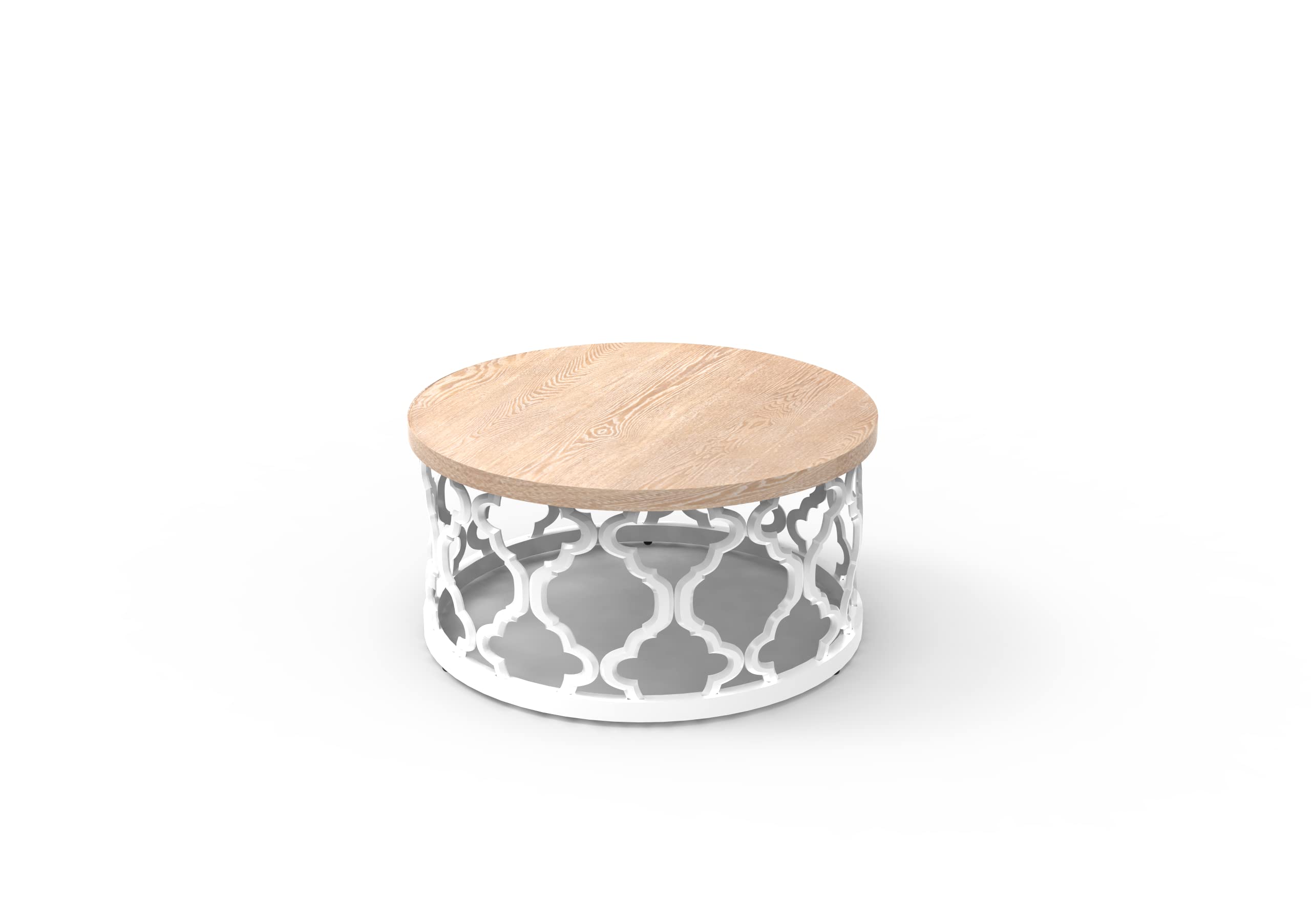 Clredg Round Farmhouse Coffee Table, Wood Grain Top Table with Curved Motif Frame Base for Rustic, Boho, Rustic, French Country Decor, Traditional White