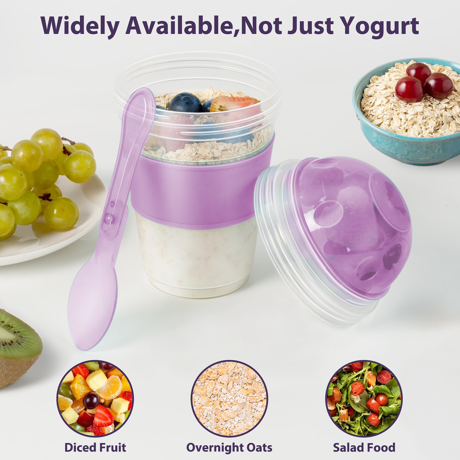 Freshmage® Yogurt Parfait Cups with Lids, 2 Pack 20 oz Reusable Overnight Oats Containers with Lids, Topping Compartment & Spoon to Go for Breakfast Meal Prep, Portable & Lightweight (Purple&Pink)