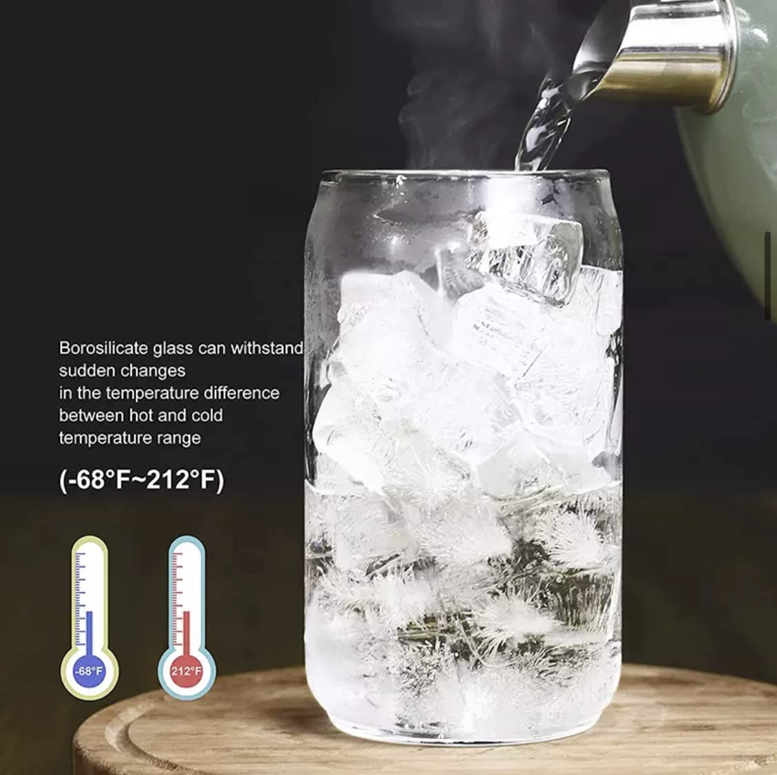 Drinking Glasses with Bamboo Lids and Glass Straw 4pcs Set - 16oz Can Shaped Glass Cups, Beer Glasses, Iced Coffee Glasses, Ideal for Cocktail, Whiskey, Gift - 2 Cleaning Brushes