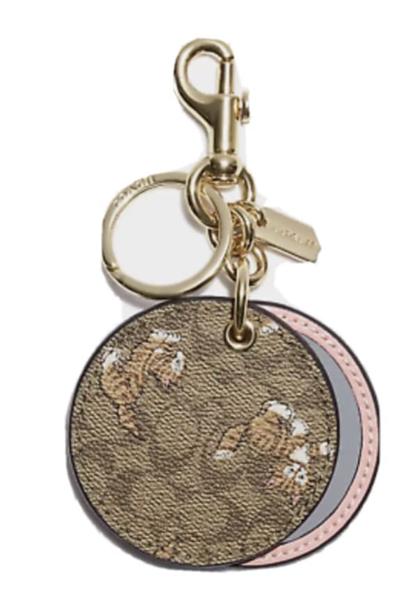COACH Women's Mirror Bag Charm Keychain Fob (Signature Canvas - Dancing Kitten Print - Khaki Multi)