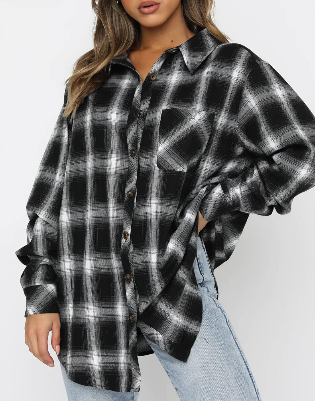 CHYRII Womens Button Down Flannel Shirts Long Sleeve Plaid Shacket Business Casual Tops Black XL