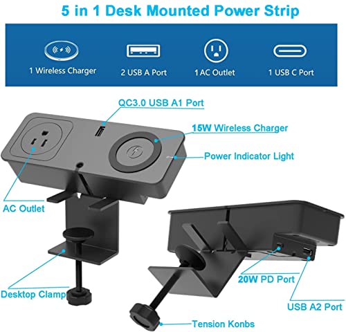 Desk Clamp Power Strip USB C, Desk Mount Power Strip with AC Outlet/2 USB Ports/15W Wireless Charger Station, Desktop Surge Protector PD 20W USB C Fast Charging, Fit 2.16" Tabletop Edge