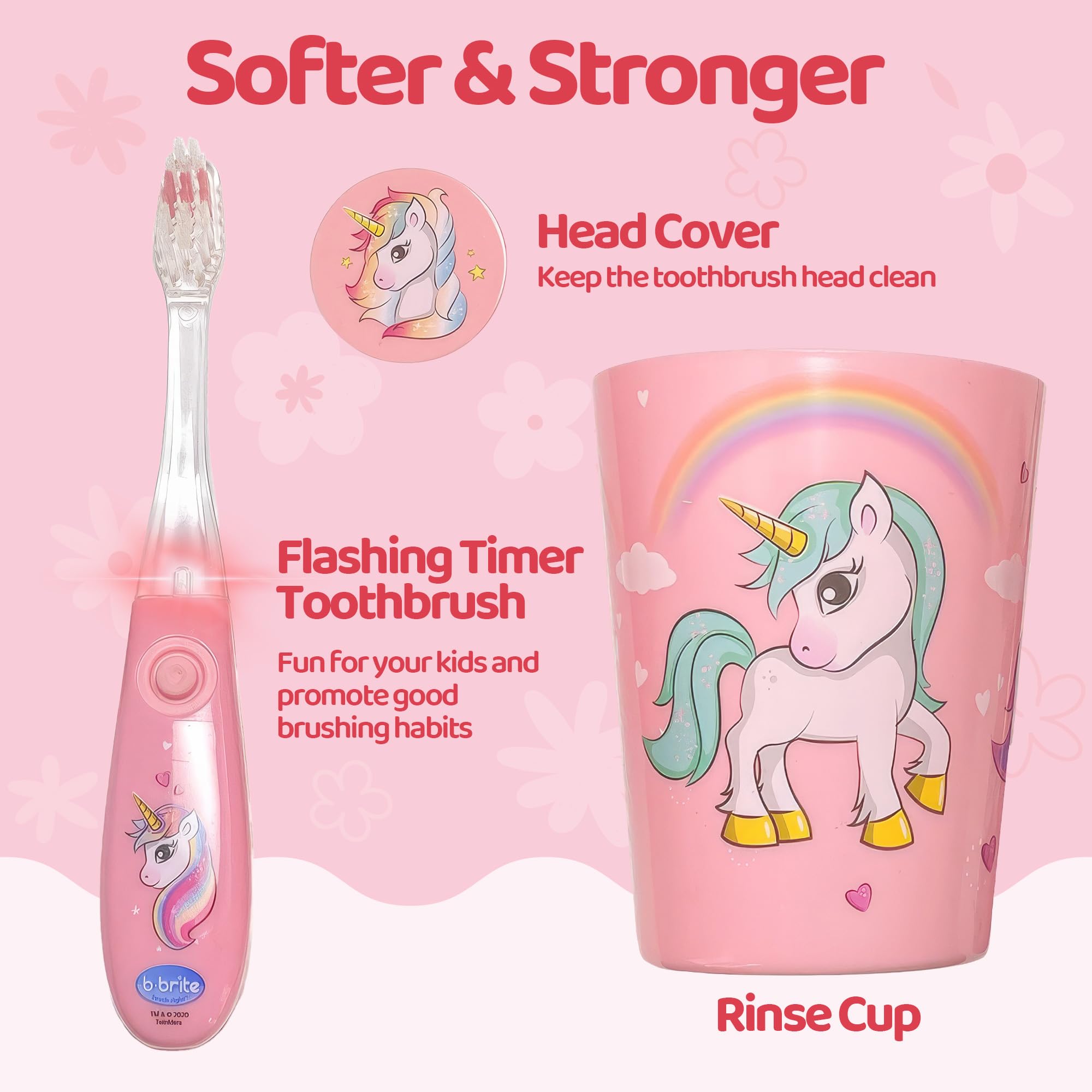 Lily's Home Kids Toothbrush with Flashing Timer with a Cup, Toothbrush Cover and Toothbrush Holder. Unicorn