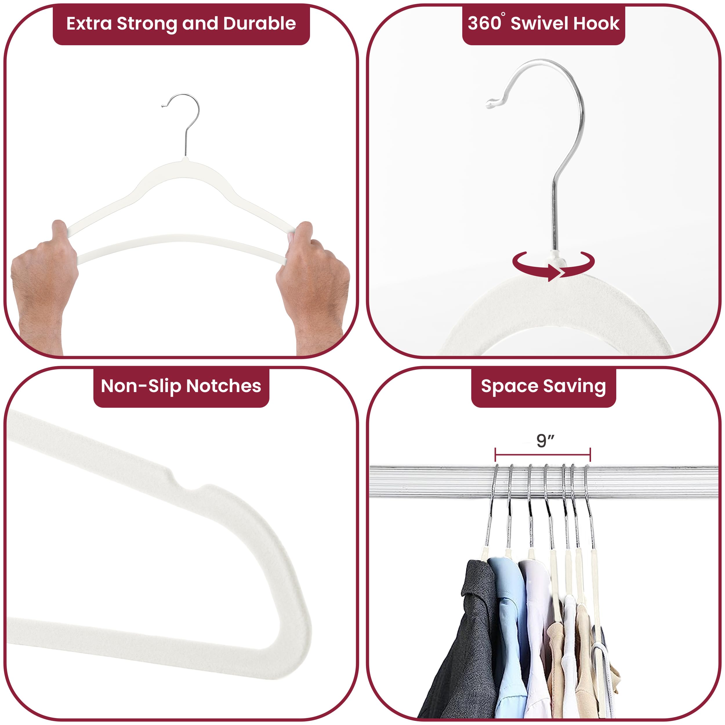 LDC LUX DECOR COLLECTION White Velvet Hangers 30 Pack - Premium Non Slip Clothes Felt Hanger for Coat, Pants, Suits, Shirts - Heavy Duty Space Saving 360 Rotatable Hook Hangars - White