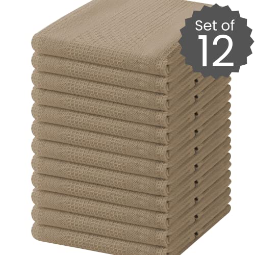 Cotton Clinic Premium Waffle Kitchen Towels 12 Pack β Soft Absorbent Quick Drying Table and Kitchen Linen - Dish Towels, Dish Cloths, Tea Towels and Cleaning Towels with Hanging Loop β 16x28 / Beige
