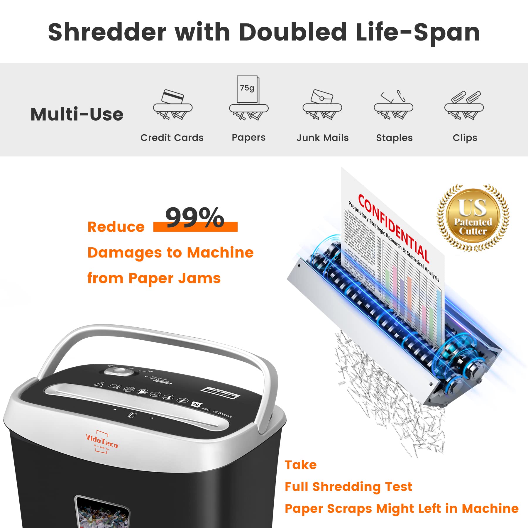 Paper Shredder,VidaTeco 10-Sheet Micro-Cut Shredder with US Patented Cutter,Also Shreds Card/Staple/Clip,Paper Shredder for Home Office,Durable&Fast with Jam Proof System,3.9-Gallon Basket (ETL)