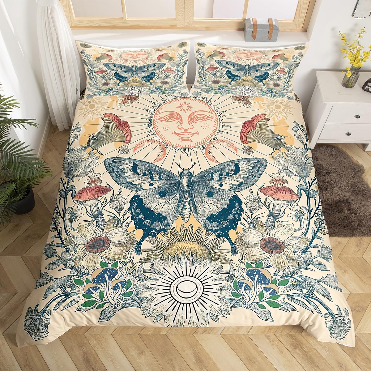 Hippie Butterfly Duvet Cover Queen Sun and Moon Bedding Set, Groovy Floral Comforter Cover Sunflower Mushroom Bed Set, 60s 70s Vintage Flower Bedding, All Seeing Eyes Decor (Zipper Closure)