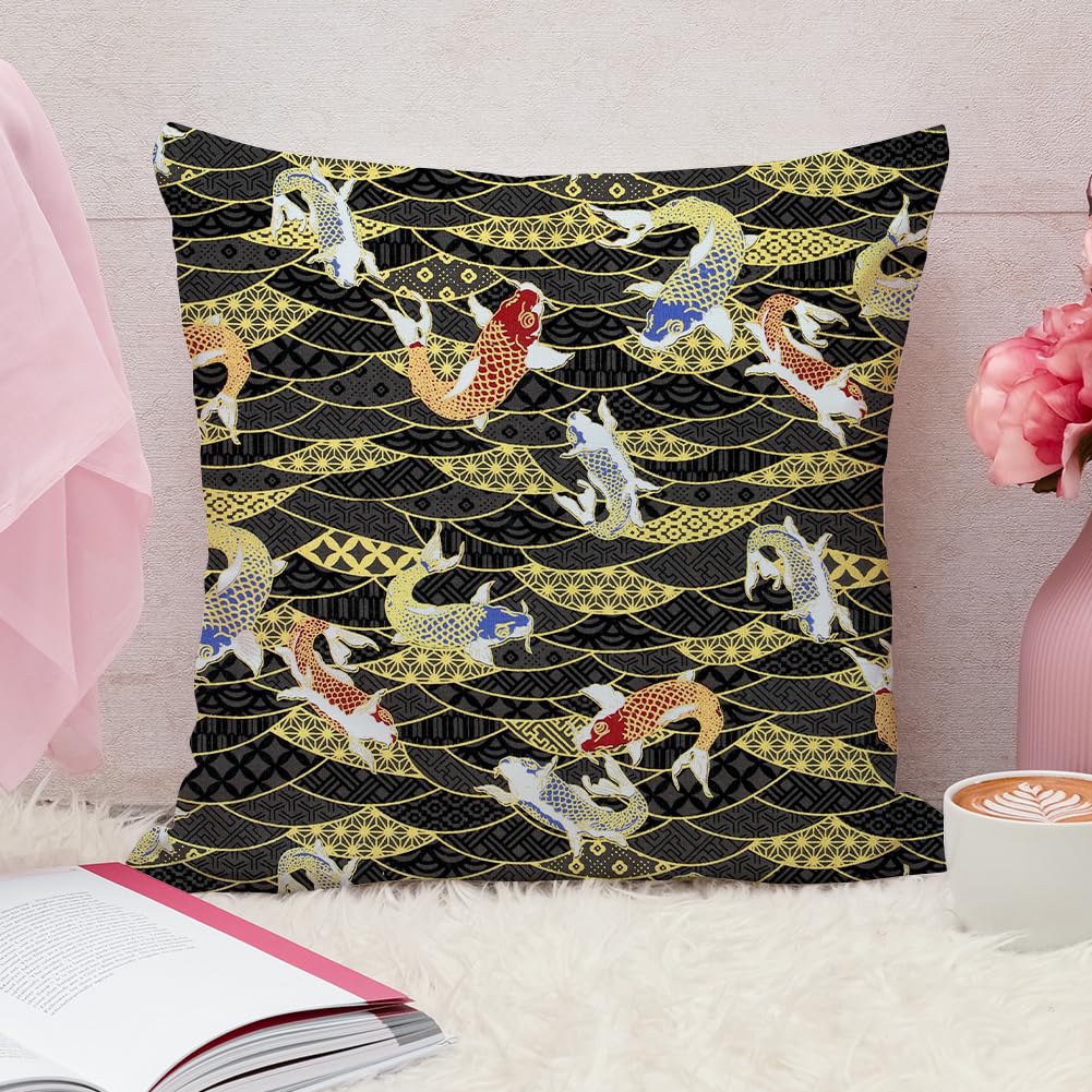 Japanese Fabric,Asian Fabric Squares 6 PCS,6 Different Black Japanese Wrapping Cloth Fish Floral Red Crowned Crane Patterned Fabric Bundles 19.6 x 15.8 Inch for Sewing Furoshiki Wrapping Artcraft DIY
