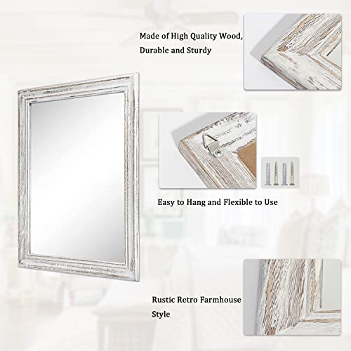 MWAZZLL Wall Mirror with Rustic Wood Frame Rectangle Mirrors for Wall Decorative Hanging Mirror for Bathroom Bedroom Farmhouse Living Room White Small