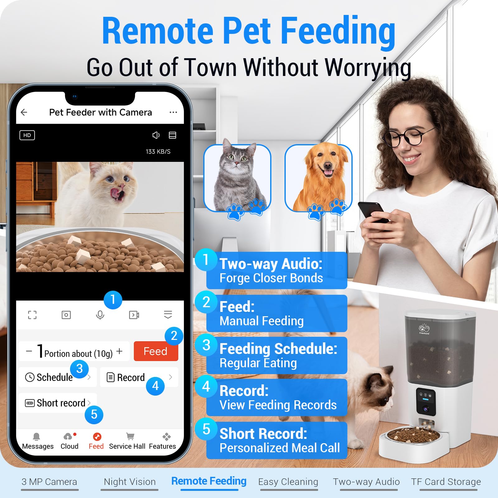 Frienhund Automatic Cat Feeder for 2 Cats: 1080P HD Live View with Night Vision, 5G Automatic Dog Feeder with Two-Way Audio,Detachable for Easy Clean, Record Wonderful Moments for Multiple Pets -29Cup