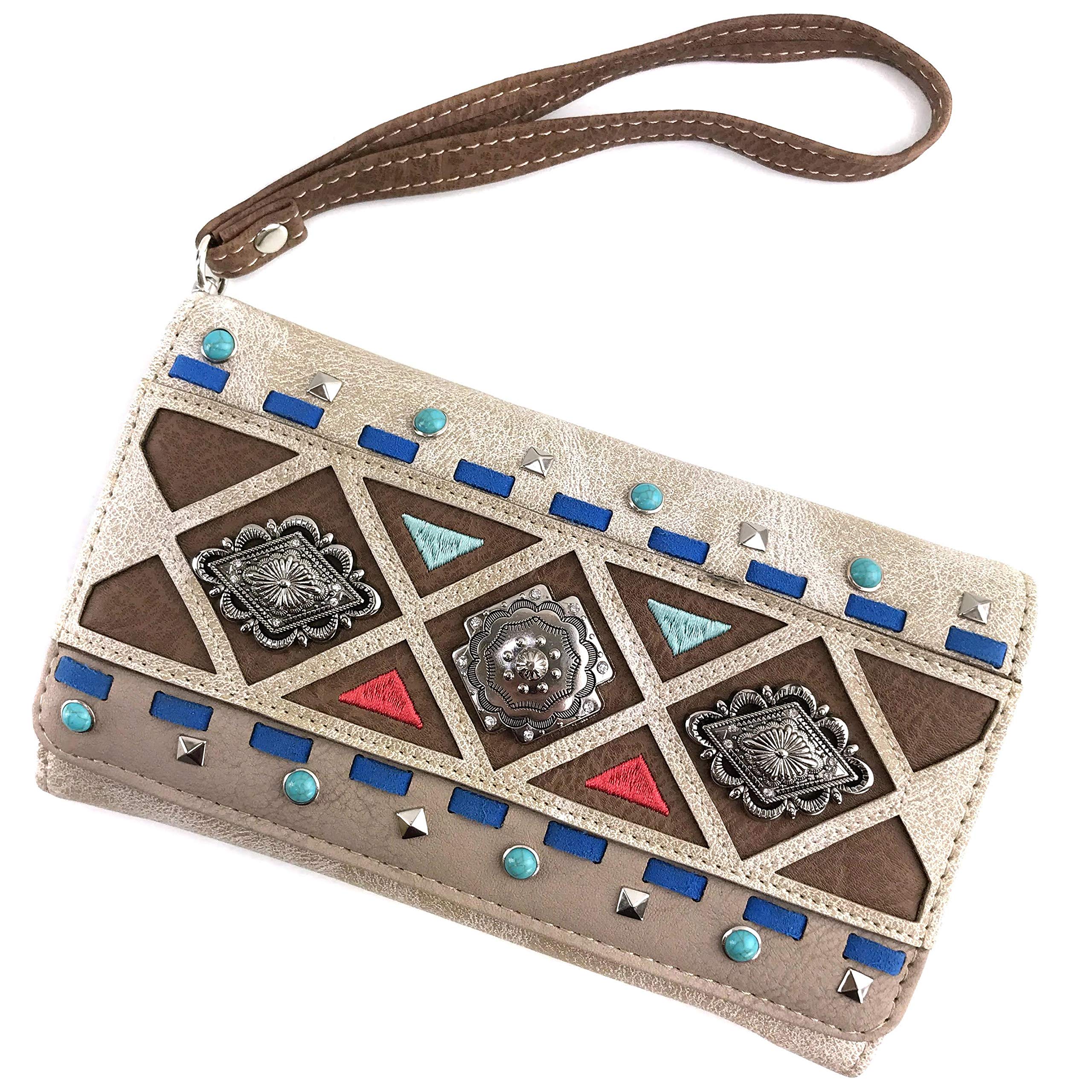 Zelris Colorful Native Tribal Patterns Concho Crossbody Wrist Trifold Wallet (Beige)